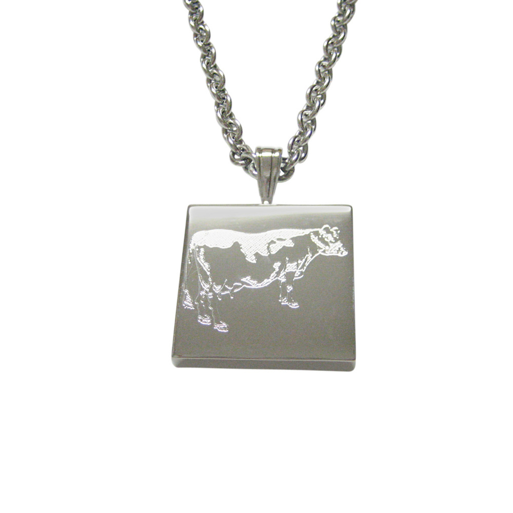 Silver Toned Etched Farm Cow Pendant Necklace - Gem